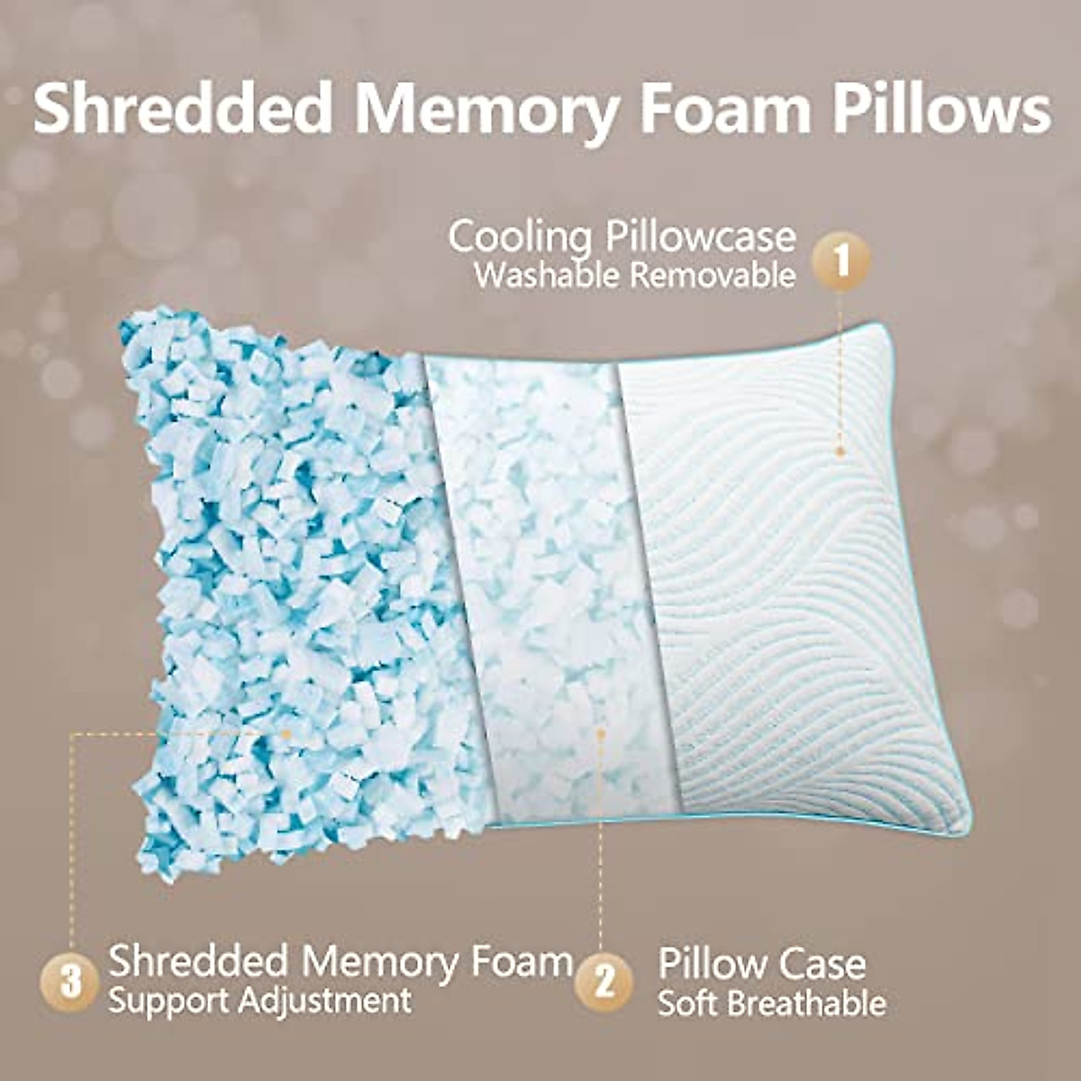 Smilereve Pillows Queen Size Set of 2 Cooling Memory Foam Pillows for Sleeping Adjustable Firm Pillow for Back and Side Sleeper