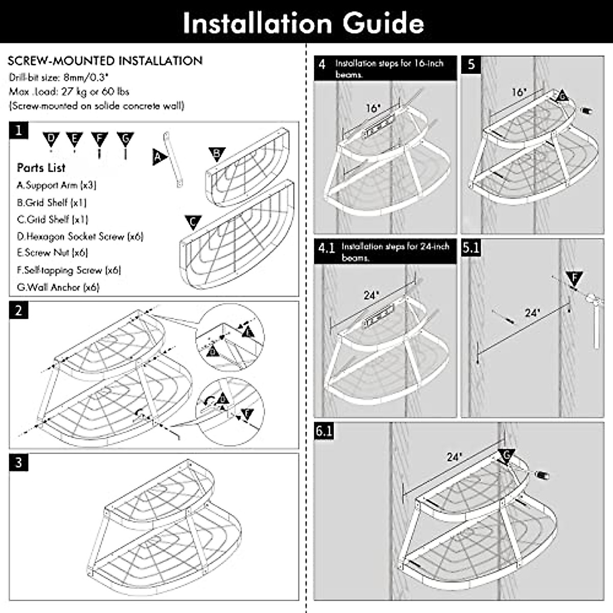 KES 27.5-Inch Pot Rack Wall Mounted, 2-Tier Hanging Pot Rack for Pots and Pans Storage, Classic Semi-Circle Design, Black, KUR502S70B-BK