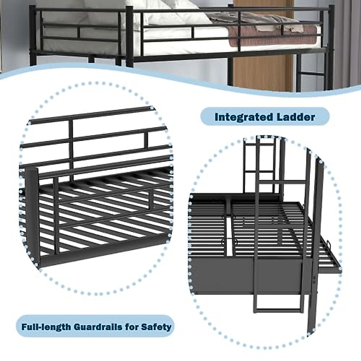 KNAMOTL Twin Over Full Bunk Bed, Heavy Duty Bunk Bed Frame with Integrated Side Ladder & Upper Guard Rails, Space-Saving Design, Metal Bunk Bed for Teens Adults Bedroom, No Box Spring Needed, Black