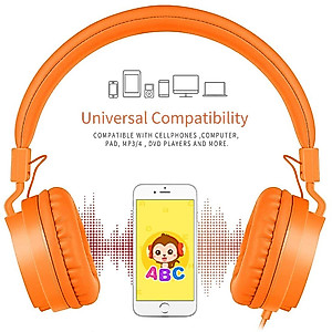 gorsun Kids Headphones, Lightweight Stereo Wired Toddler Headphones，Adjustable Headband Children's Headset for Smartphones Computer Pad Earphones(Orange)