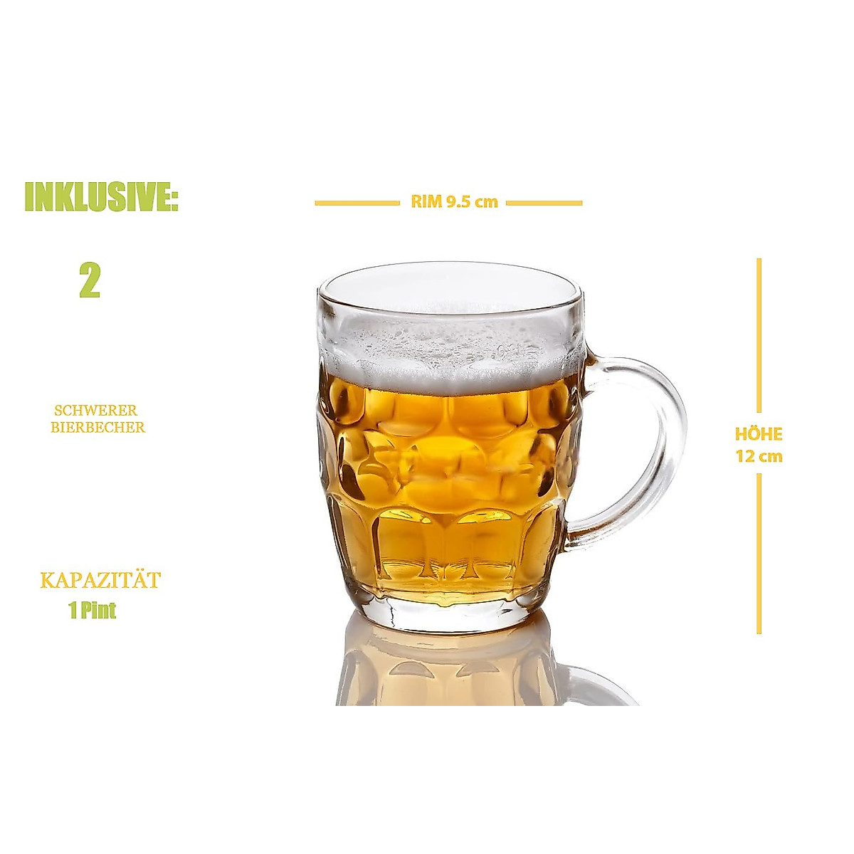 BothEarn 1 Pint Dimpled Beer Mug Set of 2 - Heavy British Pub Thick Glass with Handle - Stein Cup for Beer Lover in Home Party BBQ