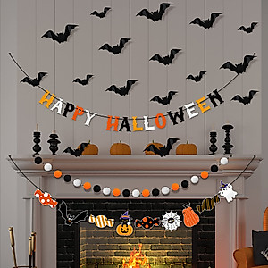 Happy Halloween Banner Pom Pom Garland Set and Halloween Bat Candy Banner with Black Bat Wall Sticker for Halloween Party Decorations Home Decor