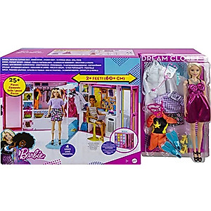 Barbie Dream Closet with Blonde Doll & 25+ Pieces, Toy Closet Expands to 2+ ft Wide & Features 10+ Storage Areas, Full-Length Mirror, Customizable Desk Space and Rotating Clothes Rack