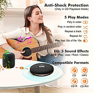 HOTT CD Player Portable with Bluetooth, Portable CD Player, CD-R,MP3 USB Rechargeable Walkman CD Player with Headphones and AUX Cable for Car Travel, Discman CD Player with Shockproof （CD711T）
