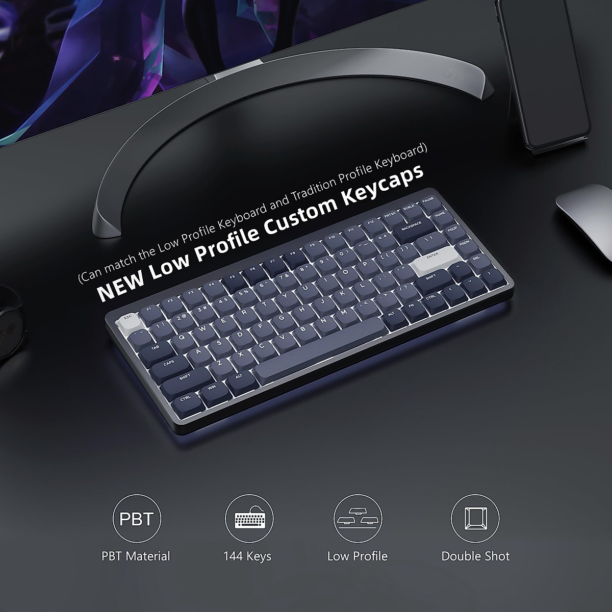 Womier Low Profile Keycaps, PBT Keycaps 144 Keys Custom Keyboard Keycaps Full Set, Double Shot Keycaps for 60% 65% 75% 80% 100% Mechanical Keyboard, Grey