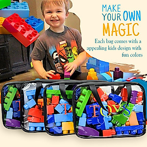 4 Packs Large Toy Storage Bags,Clear PVC Bags with Zipper,Toy Storage Organizer,Waterproof Toy Bags for Board Games, Building Blocks,Leather Material,TOYS design,(Big Size)