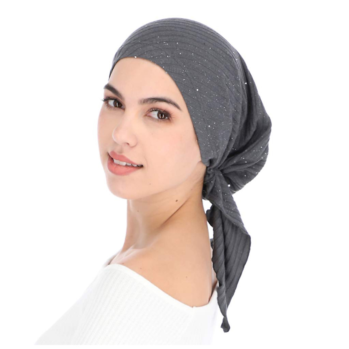 Madison Headwear Pre-Tied Hair Scarves for Women Featuring A Unique Sparkly Foil Finish and Stretchy Ribbed Fabric (Heather Grey)