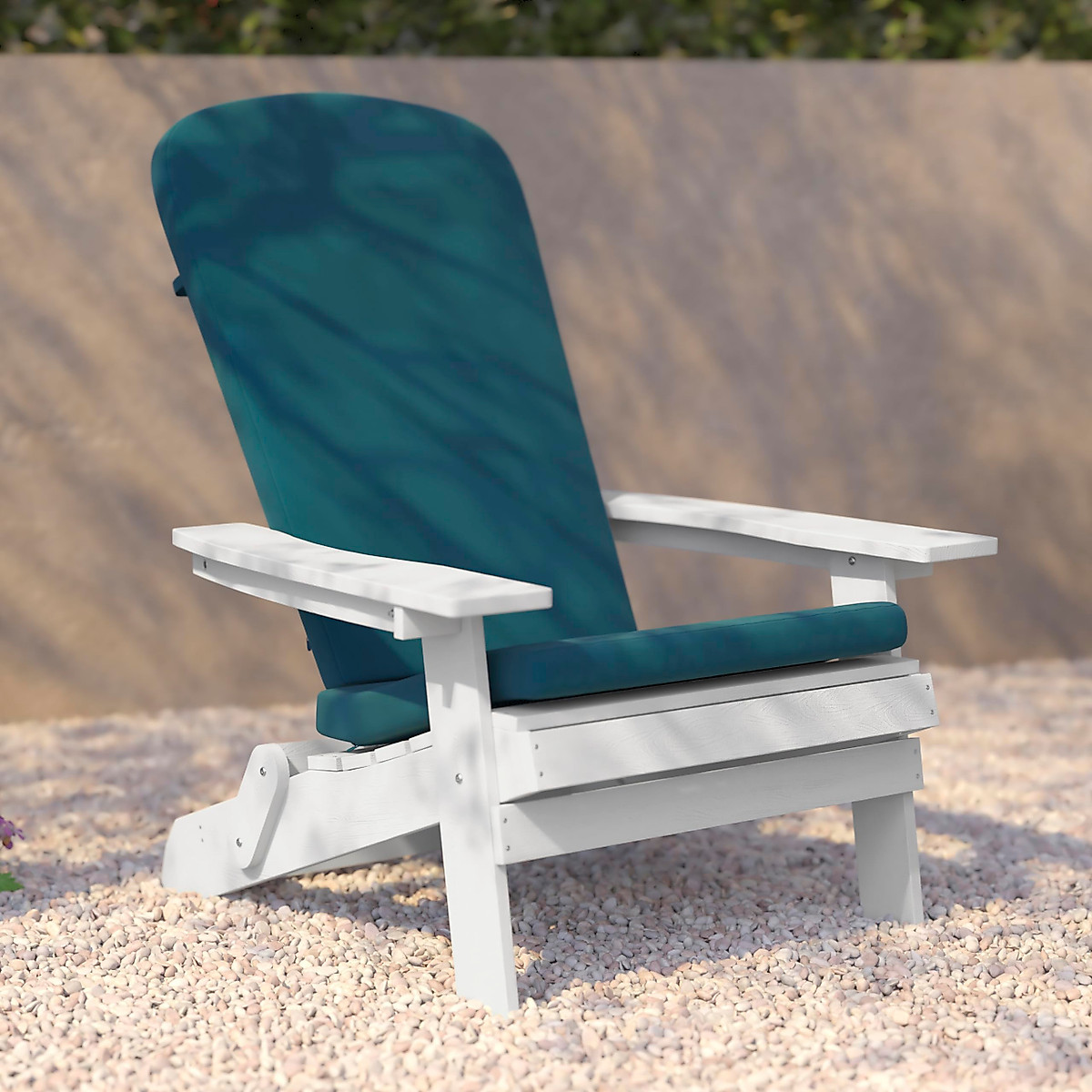 BizChair Set of 2 Folding Adirondack Chairs with Cushions - White Poly Resin Frame - Teal All-Weather Cushions - Indoor/Outdoor Use