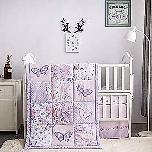 La Premura Lilac Butterfly Baby Girl Crib Bedding Set for Girls – Butterfly 3 Piece Standard Size Crib Bedding Sets in Pastel Pink and Purple