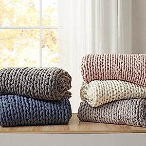 Madison Park Chunky Double Knitted Handmade Throw, Luxurious and Classic Design, Elegantly Soft, Lightweight, Breathable Cover, Cottage Style Room Décor Summer Blanket, 50" W x 60" L, Charcoal