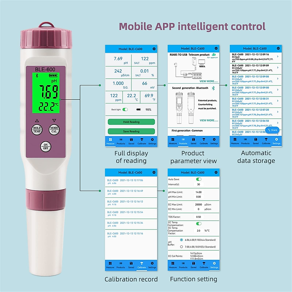 Digital Tester Blue Tooth-Compatible Water Quality Pen 7 in 1 PH EC TDS ORP Salt S.G Temp Meter APP Intelligent Control Tester