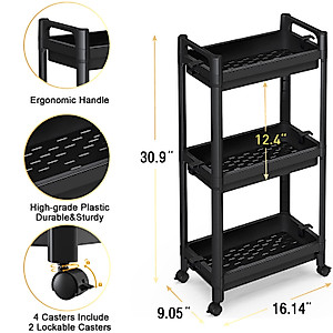 3 Tier Utility Rolling Cart, Rolling Storage Cart with Lockable Caster Wheels, Detachable Bathroom Organizer Cart with Handle, 8 Hanging Hooks, Easy Assembly, for Kitchen, Bathroom, Office, Black
