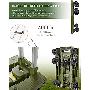 UPWOIGH Folding Hand Truck,400 lb Heavy Duty Cart,Multifunctional Hand Cart,Green Portable Folding Luggage Cart with 7 Tank Wheels and 2 Bungee Cords,Ideal for Moving, Traveling,Shopping and Camping