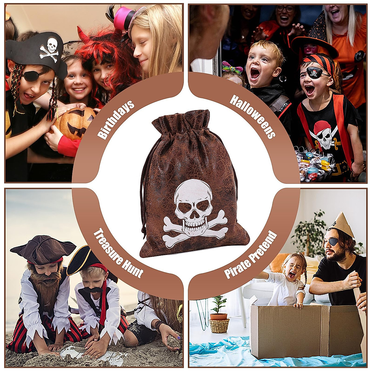 RICHNESS Pirate Loot Bags Goodie Bags with Drawstring 4.5 x 6.5 Inches Faux Cow Skin Pirate Treasure Bags for Pirate Party Favors Pack of 12