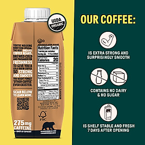 Wandering Bear Straight Black Organic Cold Brew Coffee On-the-Go, Iced Coffee, 11 fl oz, 12 pack - Extra Strong, Smooth, Unsweetened, Shelf-Stable, Ready to Drink