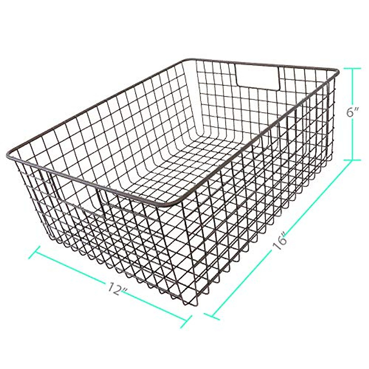 Kitchen Basics 101 Large Farmhouse Metal Wire Storage Basket Bins with Handles 16" x 12" x 6" Closets, Shelves, Cabinets, Bathrooms (Bronze, 2)
