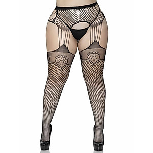 Leg Avenue Women's Lace Top Fishnet Stockings with Attached Garter Belt, Industrial Black, One Size