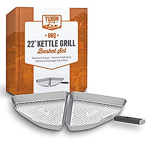 BBQ Grill Basket for Kettle Grills - The Kettle Grill Accessories for Outdoor Grill Set Includes 2 stainless steel grilling baskets & Clip-On Handle Designed for 22" Kettle Grill Models - a Perfect Fish Grill Basket & Grill Vegetable Basket