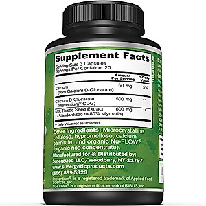 Premium Calcium D-Glucarate Supplement with Milk Thistle Extract - Calcium D-Glucarate for Liver Support & Detox Support – 500mg of Calcium D-Glucarate Per Serving – 60 Capsules