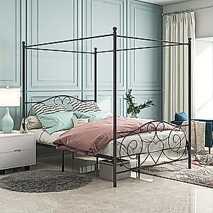 Queen Size Metal Canopy Platform Bed Frame with Vintage Headboard and Footboard, 4 Posters Sturdy Steel Mattress Foundation, No Box Spring Needed for Boys Girls Teens Adults, Under Bed Storage