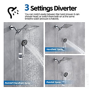Shower Head,8”Rain Shower Head with Handheld Spray Combo with 11'' Angle Adjustable Extension Arm/Flow Regulator/Shower System,High Pressure Rainfall Shower Head Clean Bathroom,Chrome