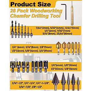 28 Pack Woodworking Chamfer Drilling Tools with a Case, Rocaris Including 6 Countersink, 5 Metric Step Drill Bit, 7 Counter Sinker Drill Bit Set with L-Wrench, 8 Wood Plug Cutter