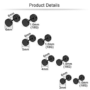 Cisyozi 18G Black Flat Back Studs Earrings for Women Men Fake Faux Gauges Earrings 18 gauge Stainless Surgical Steel Screw Back On Cartilage Tragus Helix Lobe Earrings Stud Set Piercing Jewelry Girl