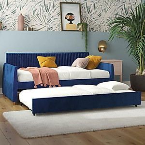 Mr. Kate Daphne Upholstered Daybed with Roll Out Trundle, No Box Spring Needed, Twin/Twin Size, Blue Velvet