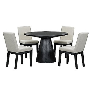 HZXINKEDZSW Wood Round Dining Table Set for 4 Persons,Retro Style 5-Piece Kitchen Dining Set with 4 Linen Fabric Upholstered Chairs for Dining Room,Living Room,Black