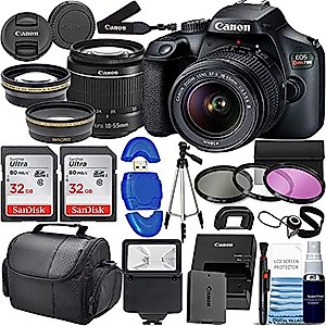 Canon Rebel T100 / EOS 4000D w/Canon EF-S 18-55mm F/3.5-5.6 III Zoom Lens & Professional Accessory Bundle W/ 2X 32GB Memory Cards + Case Wide Angle Telephoto More! (Renewed) Black