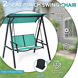 Tangkula 2-Person Patio Swing, Weather Resistant Porch Swing with Adjustable Canopy, Steel Frame, Outdoor Modern Canopy Swing with Handrails, Suitable for Porch Garden Poolside (Green)