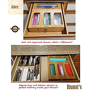 RUMI'S Ziplock Bag Storage Organizer for Drawer Bamboo Gallon, Quart, Sandwich, Great Value, Glad, Hefty Larger & More Practical Size: 13.5'' x 12.0'' x 3.0'' Inches. Golden Yellow 1 1.0 Count
