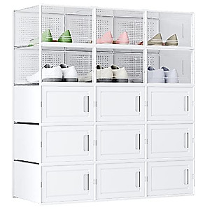 WAYTRIM 15 Pack Stackable Storage Shoe Box, Foldable 6 Clear and 9 White Sneaker Storage Box Dorp Front Shoe Container Organizer Sneaker Storage Drawer Fit to Women Size 12