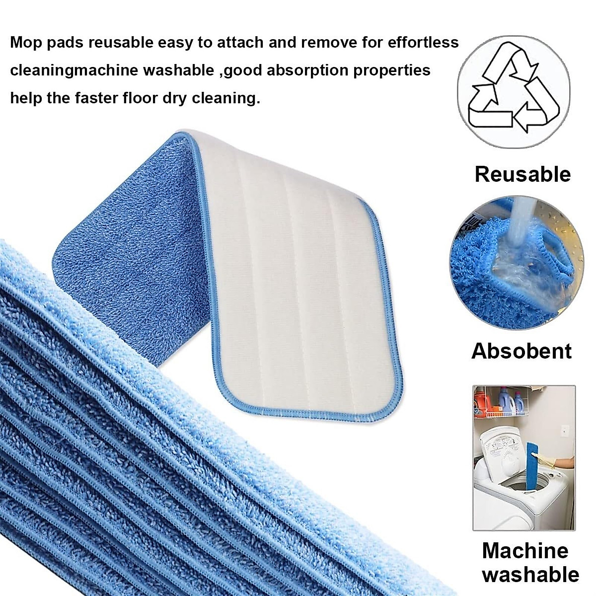 Generic 10 Pack 18 Inch Spray Mop Replacement Heads for Wet/Dry Mops, Reusable Microfiber Mop Pads Compatible with Bona Floor Care System - Blue