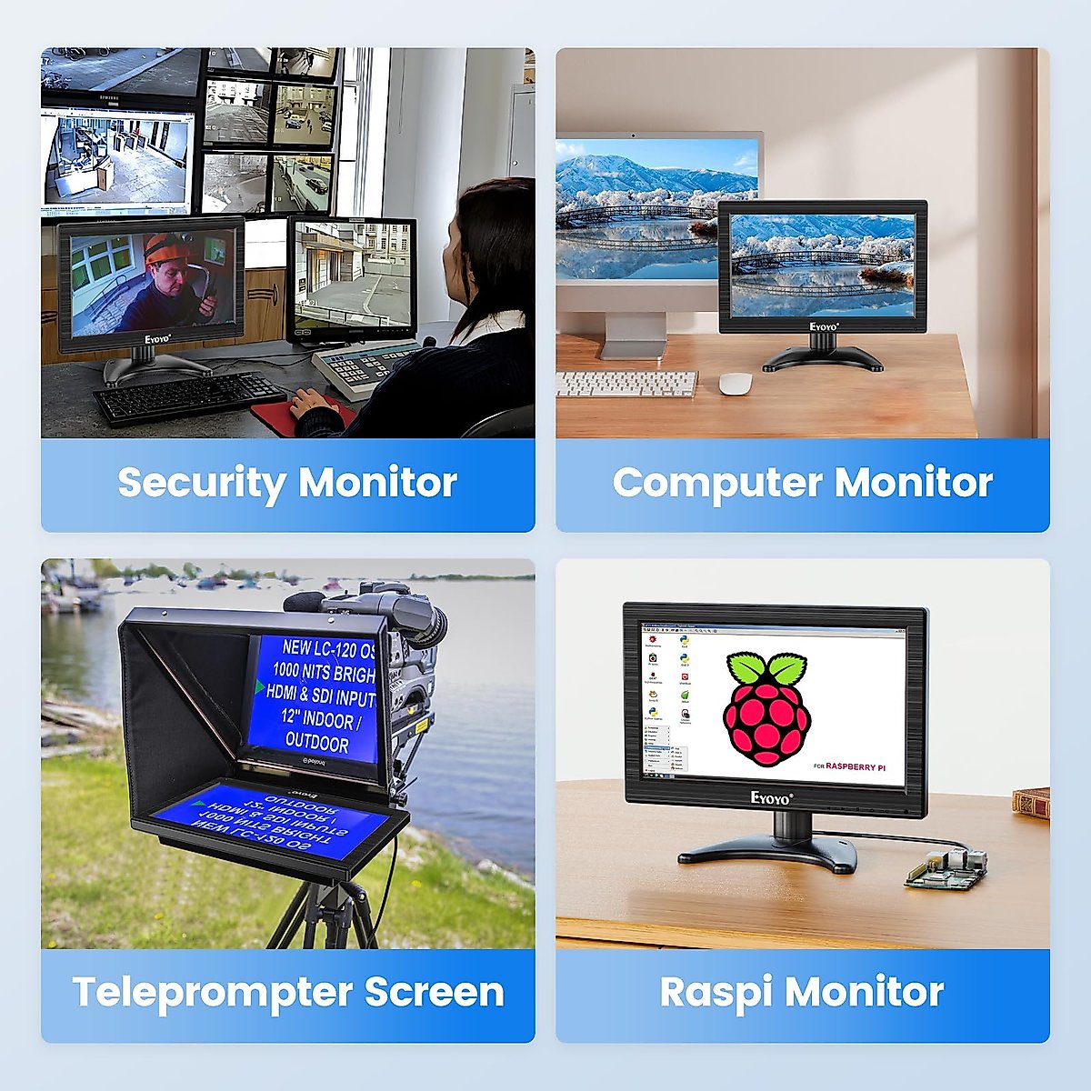 Eyoyo 12 Inch Monitor 16:9 Mini HDMI Monitor Screen 1366x768 Small TV Monitor Display with HDMI VGA BNC AV USB Input for Computer PC RasPi Laptop CCTV Security Analog Camera