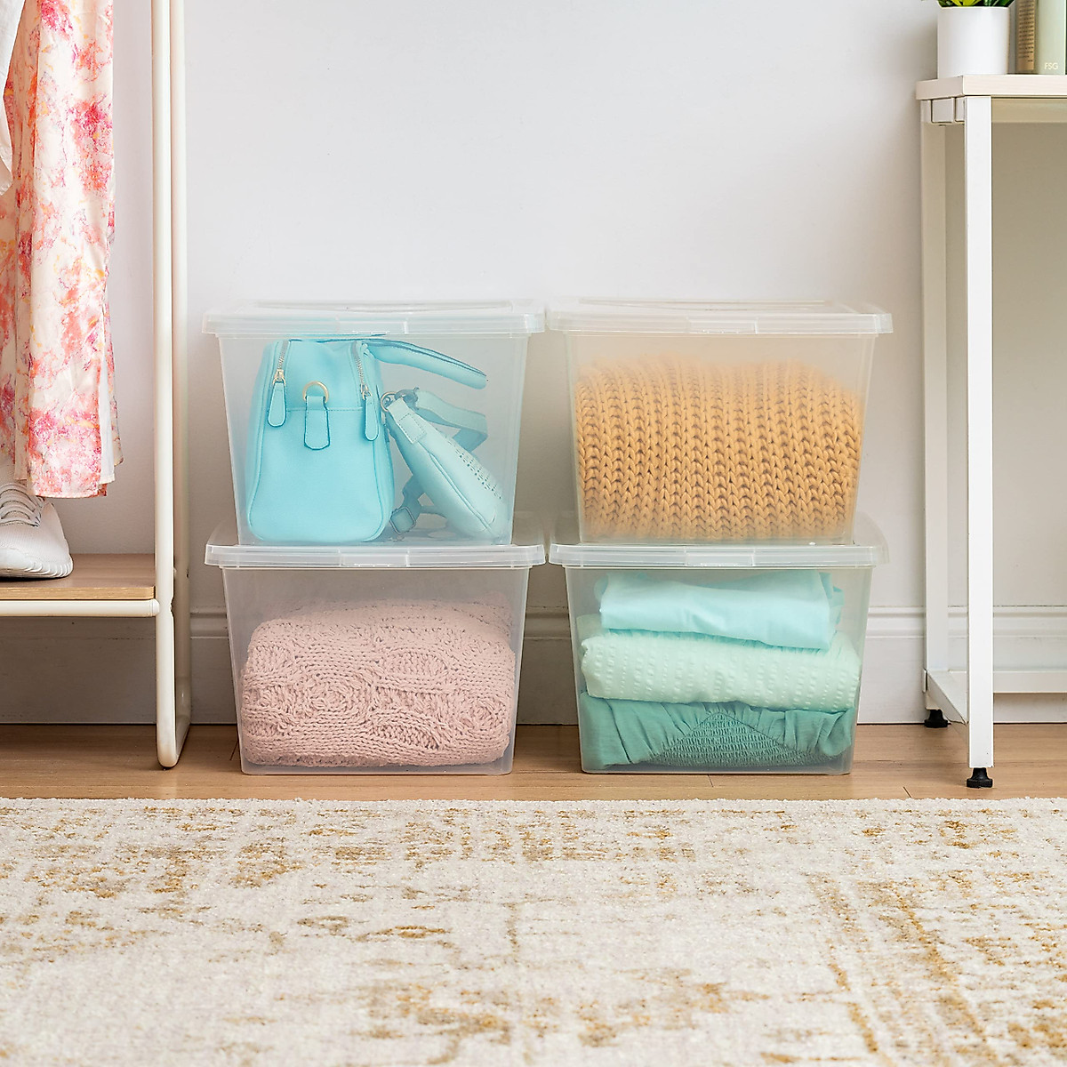 IRIS USA 25 Qt Clear Storage Box, BPA-Free Plastic Stackable Bin with Lid, 4 Pack, Containers to Organize Shoes and Closet Shelves, Classroom Organization Teacher Tools, Game Storage