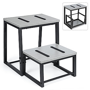 LIANTRAL Step Stool for Adults Kids, Sturdy Metal Frame Wooden Board Step Stool Helper, Supports Up to 350lb, Foot Stool, 2 in1 Step Stool for High Bed Kitchen Bathroom, Grey