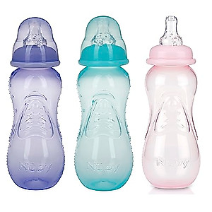 Nuby Non-Drip Standard Neck Bottles, 10 Ounce, Colors May Vary, 3 Count (Pack of 1)