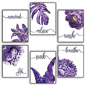 Outus 6 Pieces Purple Wall Art Decor Relax Soak Wash Breathe Unwind Bathroom Decor Unframed Flower Poster Prints Photos Farmhouse Wall Painting Decor for Home Bathroom Washroom, 8 x 10 Inch (Purple)