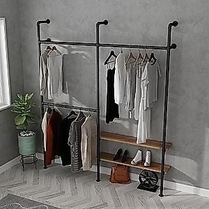 LANJIN Industrial Pipe Clothing Rack,Clothes Rack for Wardrobe, Bedroom and As Walk-in Closet System.Sturdy Clothing Racks for Hanging Clothes,Wall Mounted Heavy Duty Clothes Rack,Black D