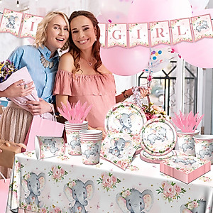 142Pcs Pink Elephant Baby Shower Decorations for Girl It's A Girl Plates and Napkins Set with Cups Forks Tablecloth and Banner Baby Girl Gender Reveal Decorations Pink Baby Shower Party Supplies