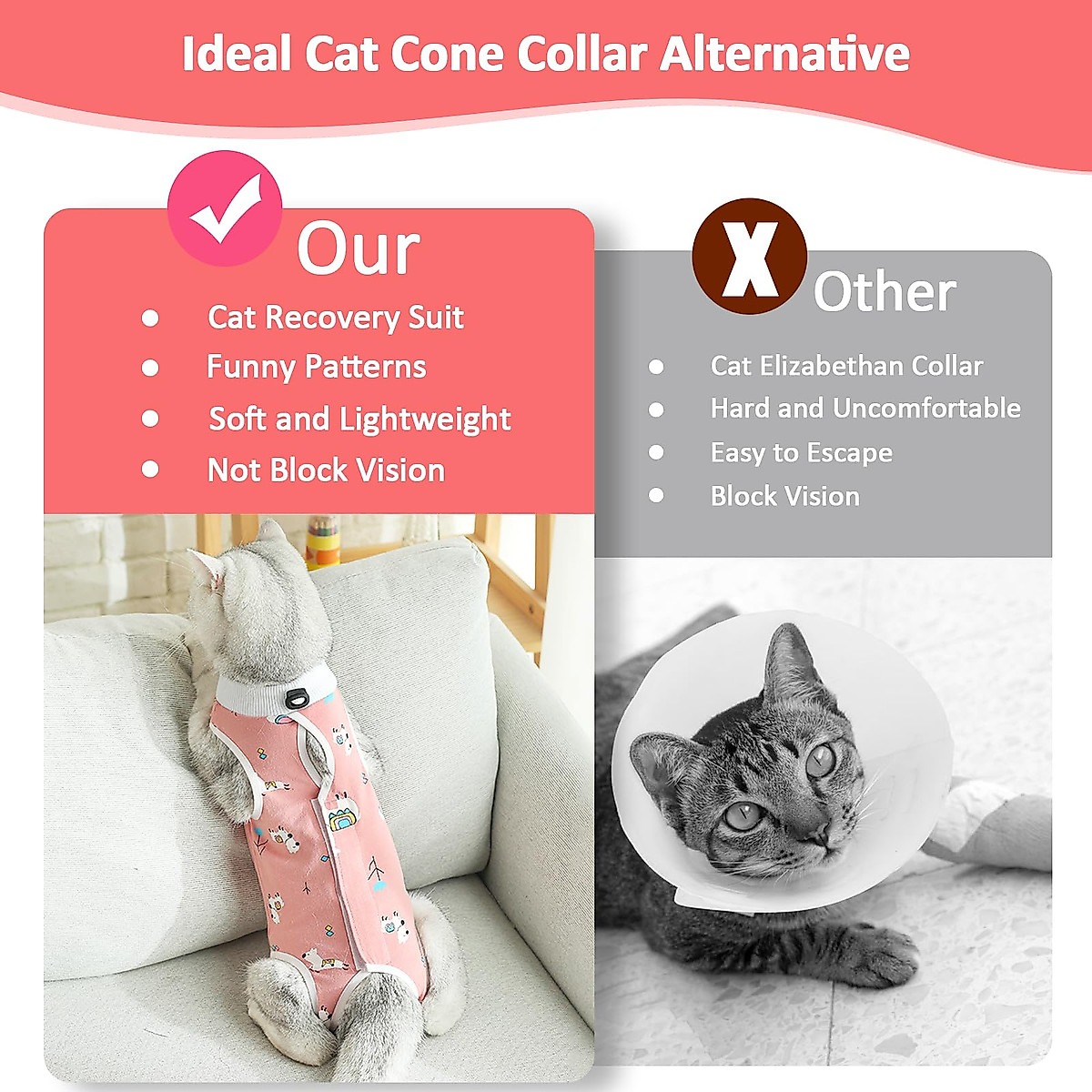2 PCS Cat Recovery Suit for Spay Abdominal Wounds, Cat Onesie for Cats After Surgery, Cat Surgery Recovery Suit Female Breathable E-Collar Alternative Kitten Onesie for Cats Anti Licking (Medium)