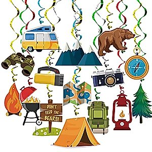 Camping Hanging Swirl Party Decorations 30 Pack Foil Ceiling Hanging Streams Party Supplies Banner Decor for Kids Camping Adventure Bear Birthday Celebrating Party Events Baby Shower Room Wall Decor