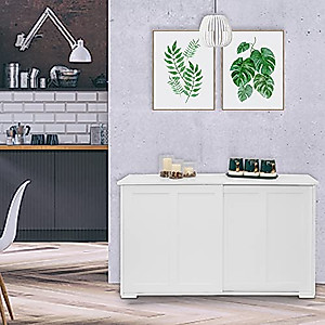 Kitchen Sideboard Buffet Storage Cabinet with 2 Sliding Doors and Adjustable Shelf, Wooden Cupboard Server Buffet Console Table, Stackable Sideboard Cabinets Storage for Dining Room Entryway, White