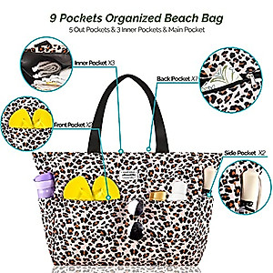 HOMESPON Large Waterproof Beach Bag for Women Sandproof Tote Bag Pool Bag with Zipper and Pockets for Travel Vacation Gym (Leopard Print)