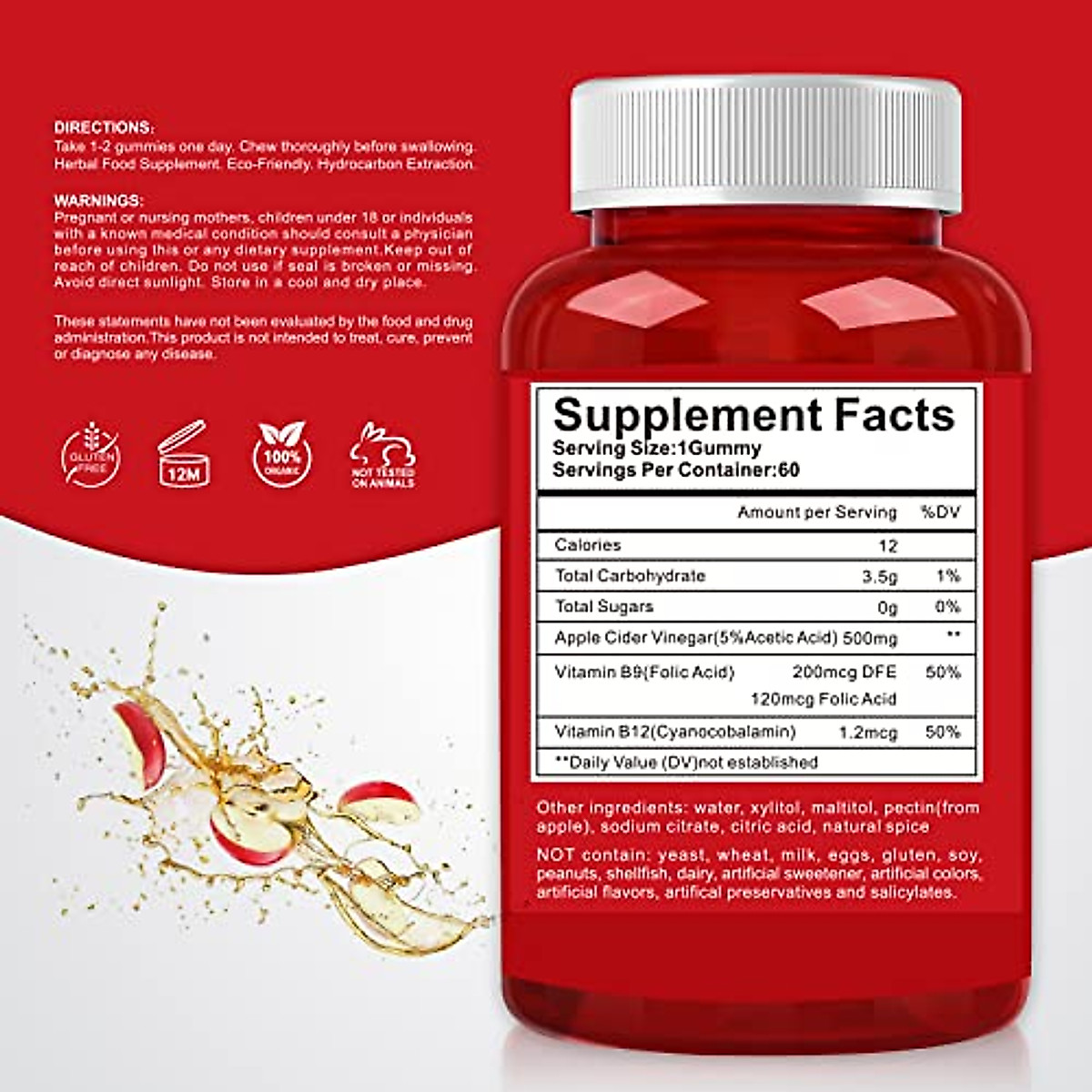 ProTKFU Apple Cider Vinegar Gummies, 120 Count Max Strength 1000mg ACV Gummies with Vitamin B12 & B6 Gummies, for Metabolism, Digestion, Detox, Gut & Immune Health, Vegan & Non-GMO, Gelatin-Free