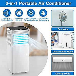 GOFLAME Portable Air Conditioner, 8000 BTU Powerful AC Unit with Remote Control and 4 Universal Casters, 3-IN-1 Air Cooler & Dehumidifier & Fan with 24H Timer for Living Room, Bedroom, Office, Black