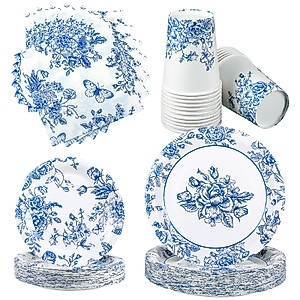 Nitial 200 Piece Blue and White Flower Disposable Tableware Set Serves 50 Guests Floral Paper Plates and Napkins Cups for Bridal Shower Birthday Party Supplies