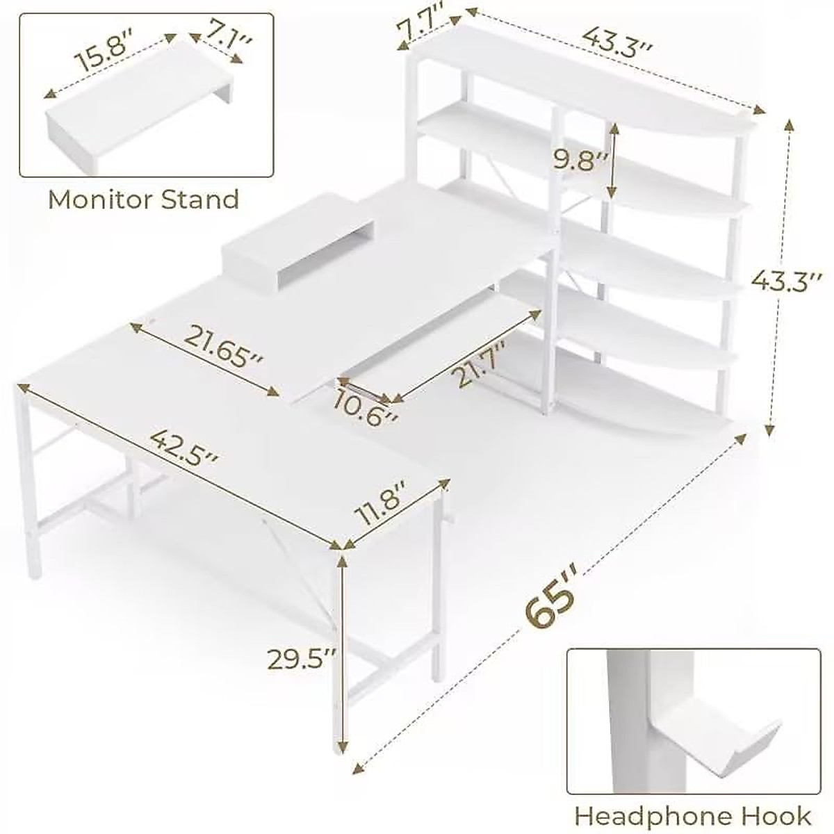 SEDETA L Shaped Computer Desk, 65'' Corner Gaming Desk with Keyboard Tray & LED Lights, L Shaped Desk with Storage Shelves, Monitor Stand and Headphone Hook for Home Office, White