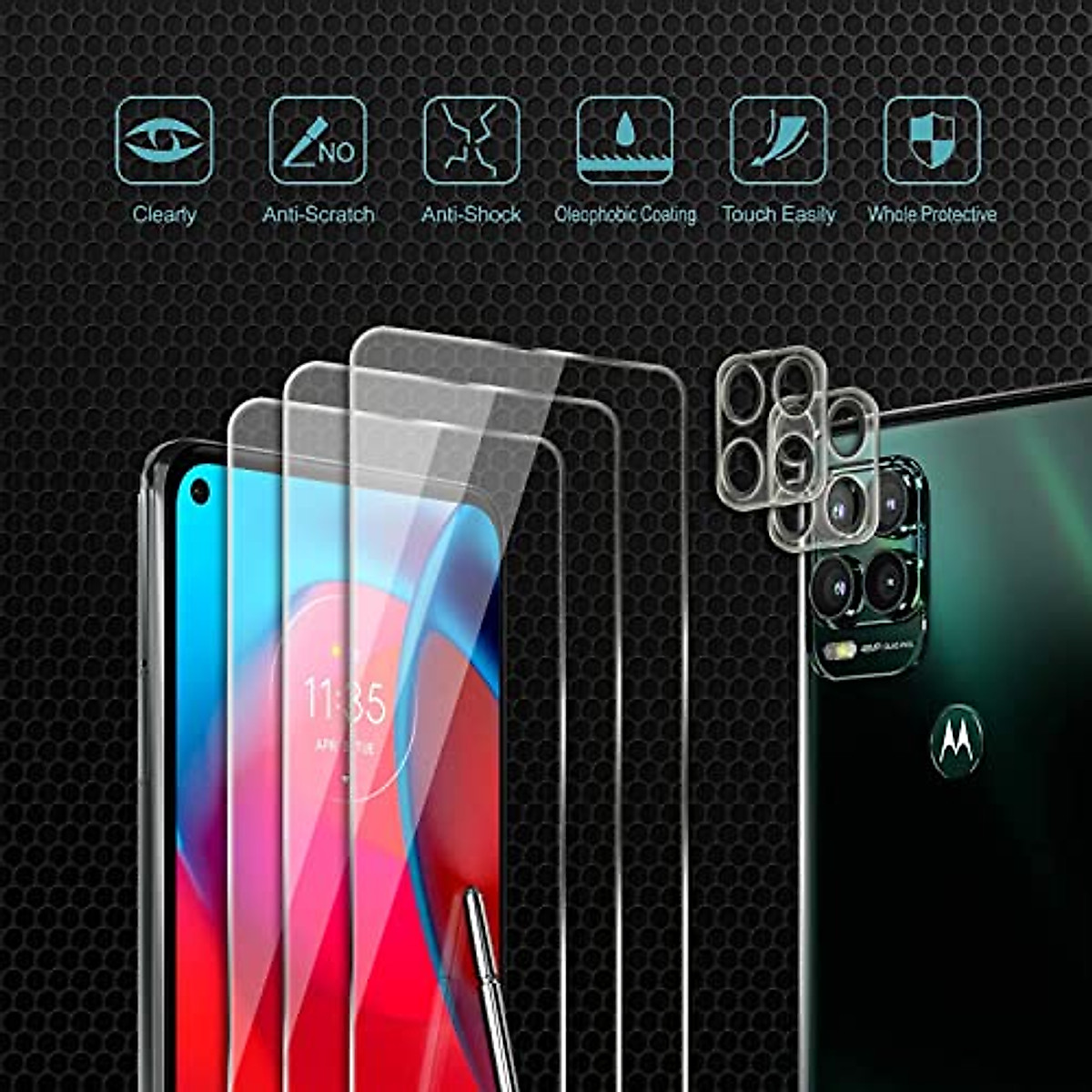 [3+2] 3 Pack Screen Protector for Motorola Moto G Stylus 5G 2021 (Not fit G Stylus 4G) with 2 Pack Camera Lens Protector, 9H Hardness Tempered Glass,Anti-Scratch,Case Friendly,Premium HD Clarity Film
